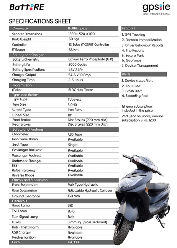 BattRE GPSie Electric Scooter Launched In India At Rs 64,990: Specs ...