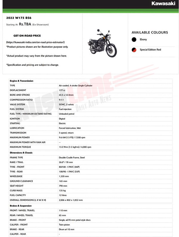 Kawasaki W175 Specs, Colours & Details Leaked Ahead Of Launch: The Bare ...